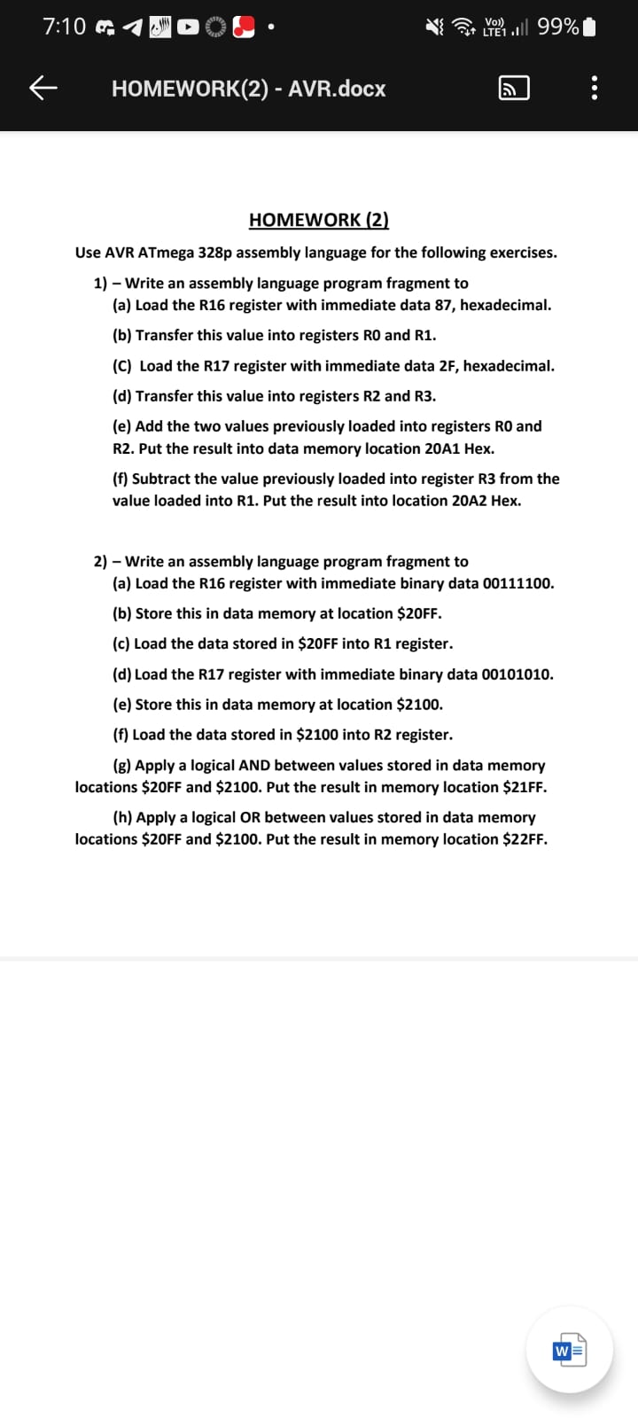 Solved 7:10 1 LTE ll 99% { HOMEWORK(2) - AVR.docx - : | Chegg.com