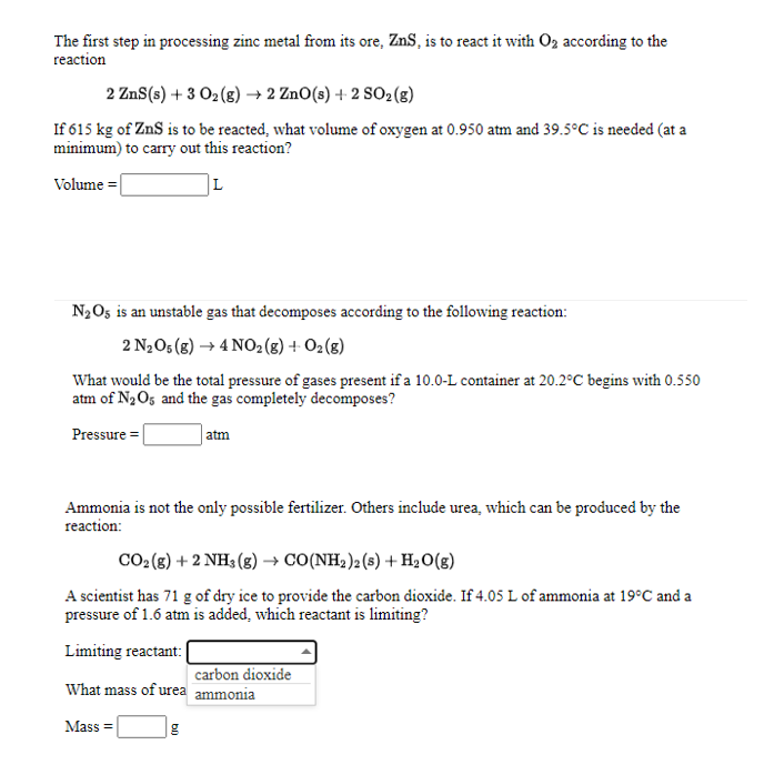 Solved The first step in processing zinc metal from its ore, | Chegg.com