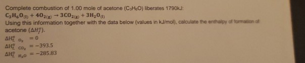 Solved Complete combustion of 1.00 mole of acetone (CHO) | Chegg.com