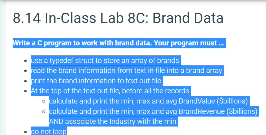 Solved 8.14 In-Class Lab 8C: Brand Data Write a C program to | Chegg.com