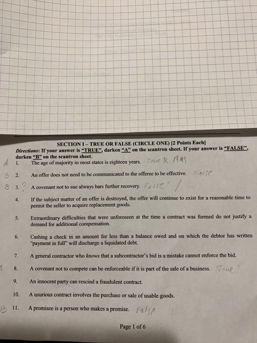 Solved SECTION I -TRUE OR FALSE (CIRCLE ONE) [2 Points Each] | Chegg.com