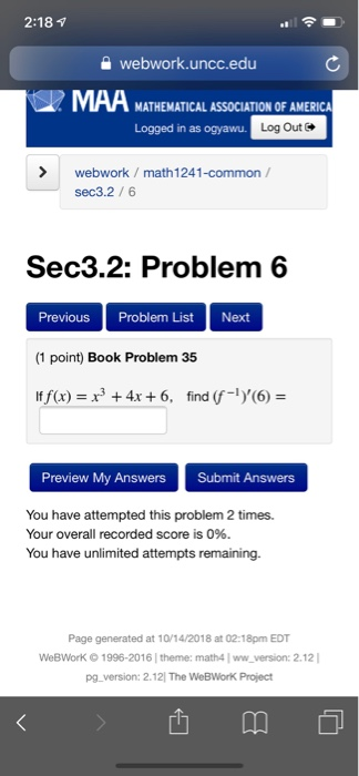 Solved 2:18 a webwork.uncc.edu ( WeBWorK MAA MATHEMATICAL | Chegg.com
