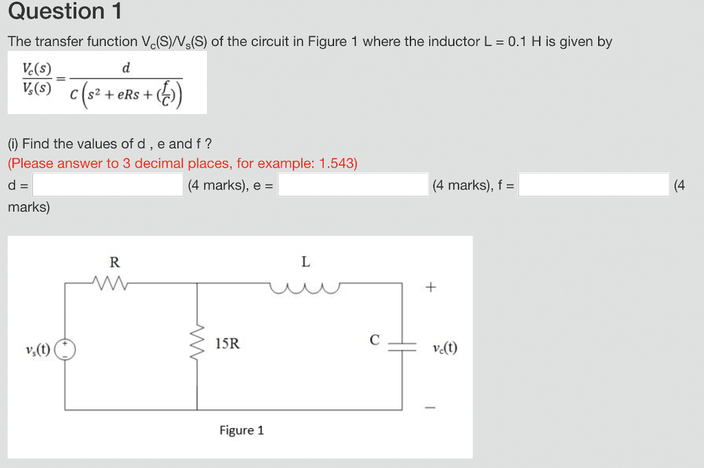Solved Question 1 The transfer function Vc(S)/Vs(S) of the | Chegg.com