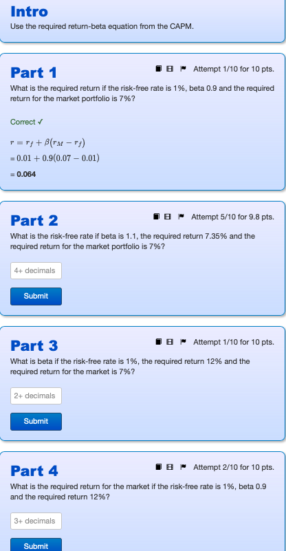 Solved Intro Use the required return-beta equation from the | Chegg.com