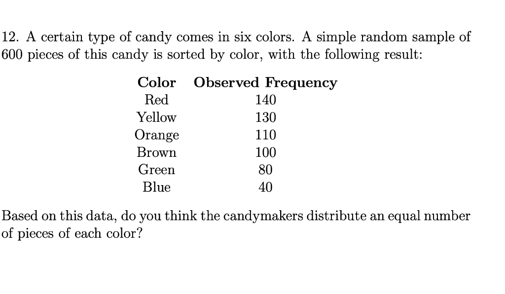 Solved 12. A certain type of candy comes in six colors. A | Chegg.com