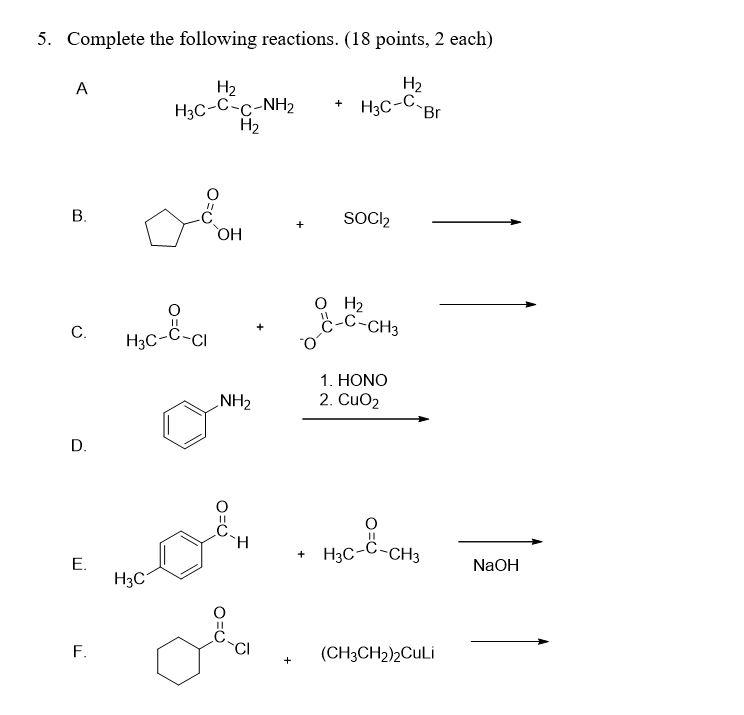 Solved 5. Complete the following reactions. (18 points, 2 | Chegg.com