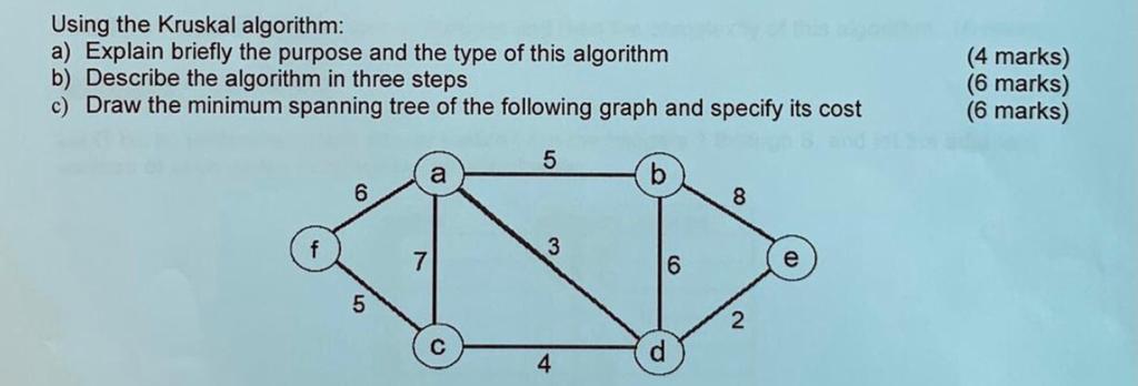 Solved Using the Kruskal algorithm: a) Explain briefly the | Chegg.com