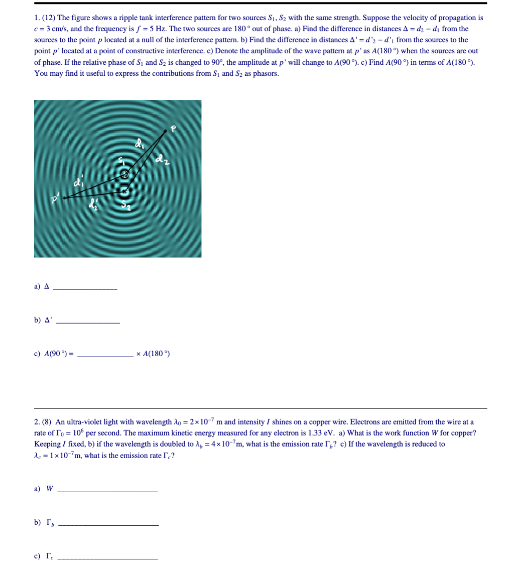 Solved 1. (12) The figure shows a ripple tank interference | Chegg.com