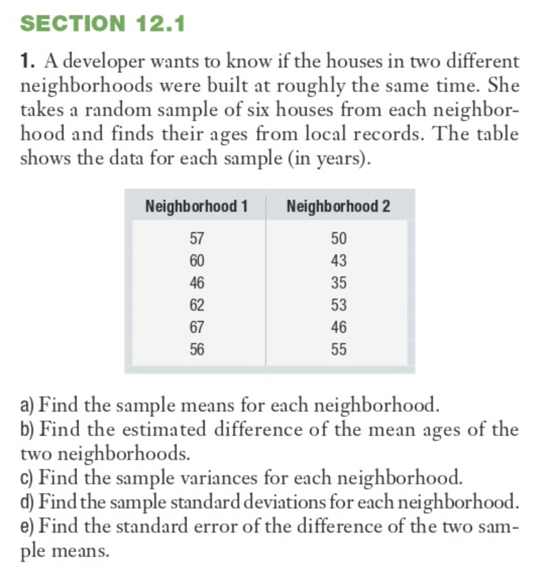 Solved 1. A developer wants to know if the houses in two | Chegg.com