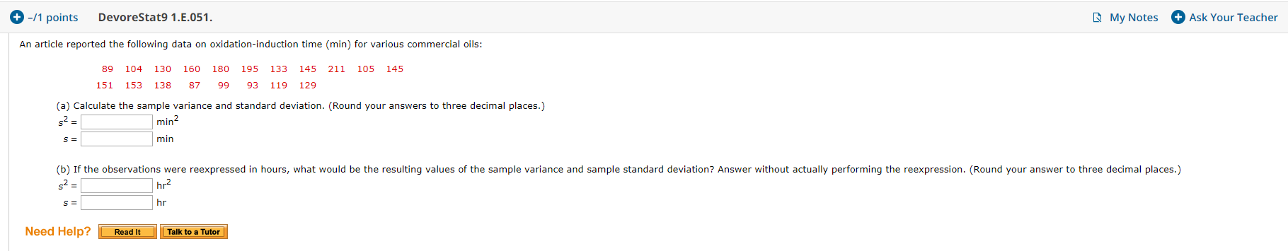 Solved 1 Points Devorestat9 1 E 051 My Notes Ask Your