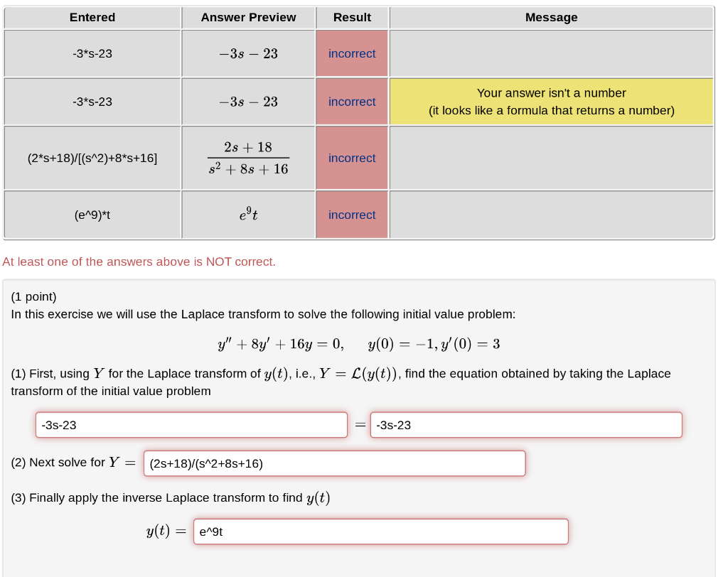 Solved Entered Answer Preview Result Message -3*s-23 - 38 – | Chegg.com