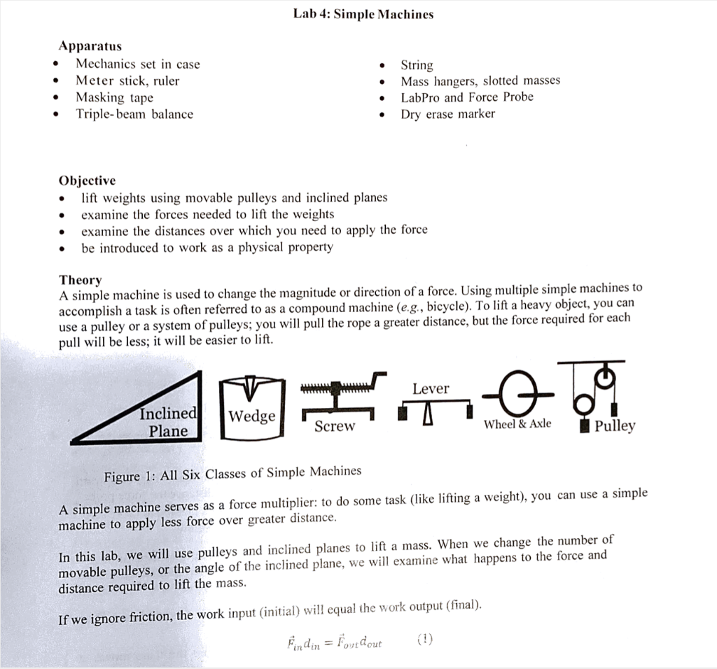 Lab 4: Simple Machines . • Apparatus Mechanics set in | Chegg.com