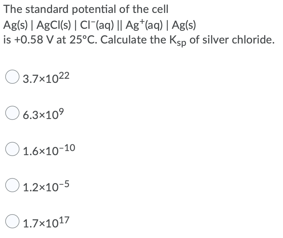 Solved The standard potential of the cell Ag(s)| AgCl(s) | | Chegg.com