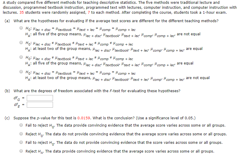 Solved A study compared five different methods for teaching | Chegg.com