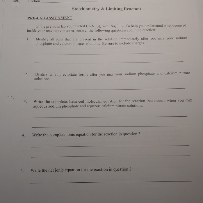 Solved Section Stoichiometry & Limiting Reactant PRE-LAB | Chegg.com