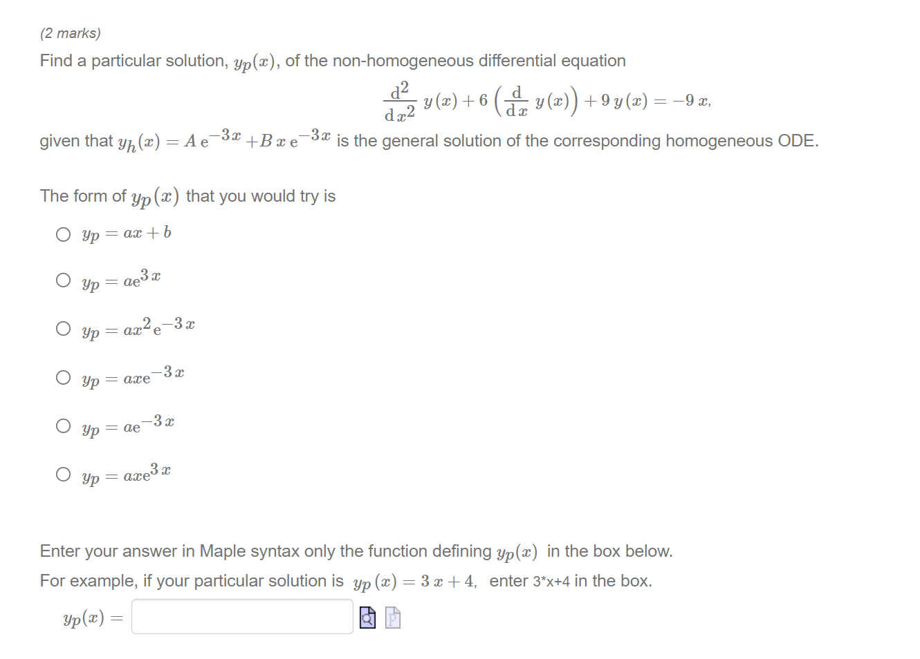 Solved (2 marks) Find a particular solution, yp(x), of the | Chegg.com