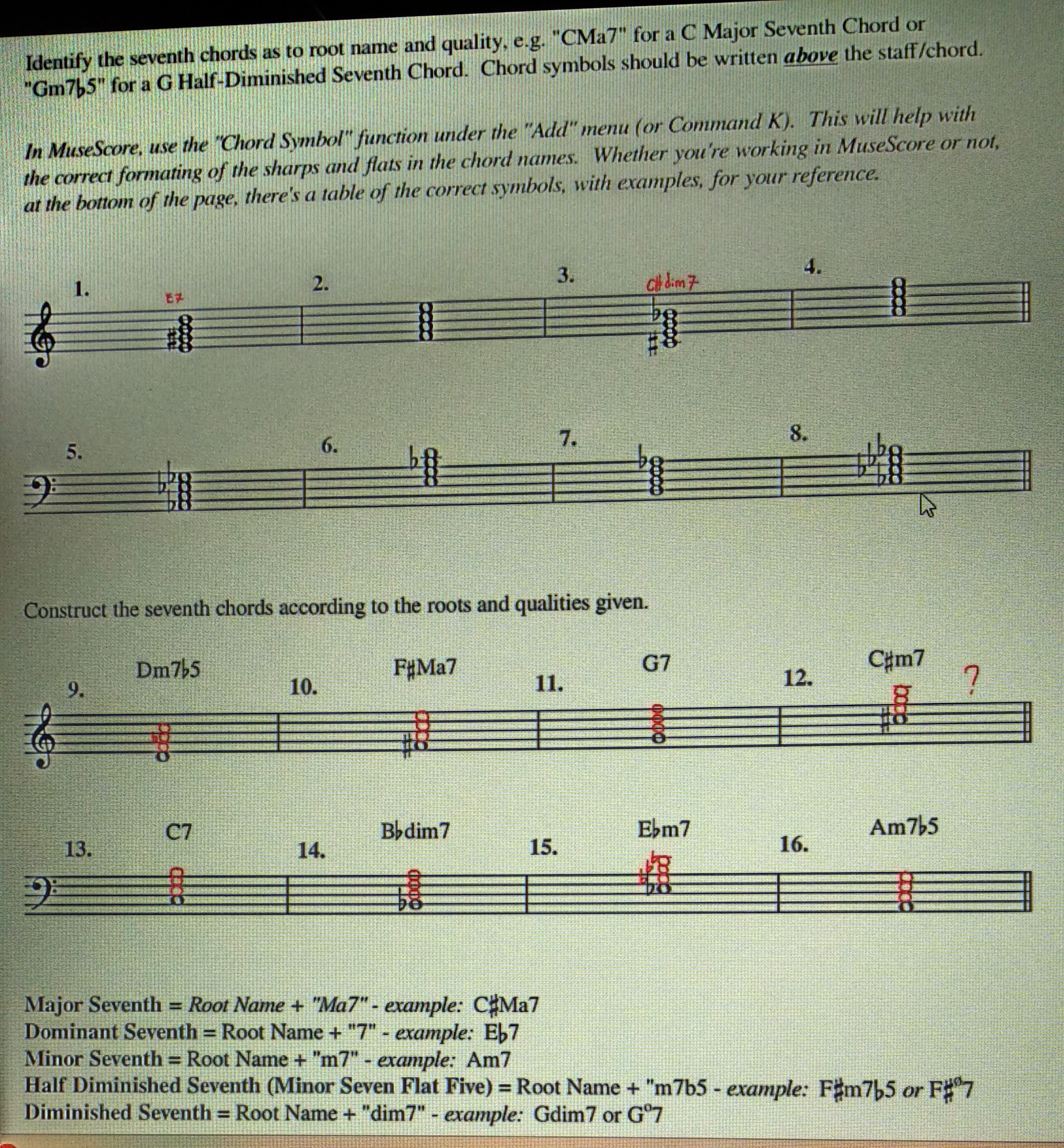 Identify the seventh chords as to root name and | Chegg.com