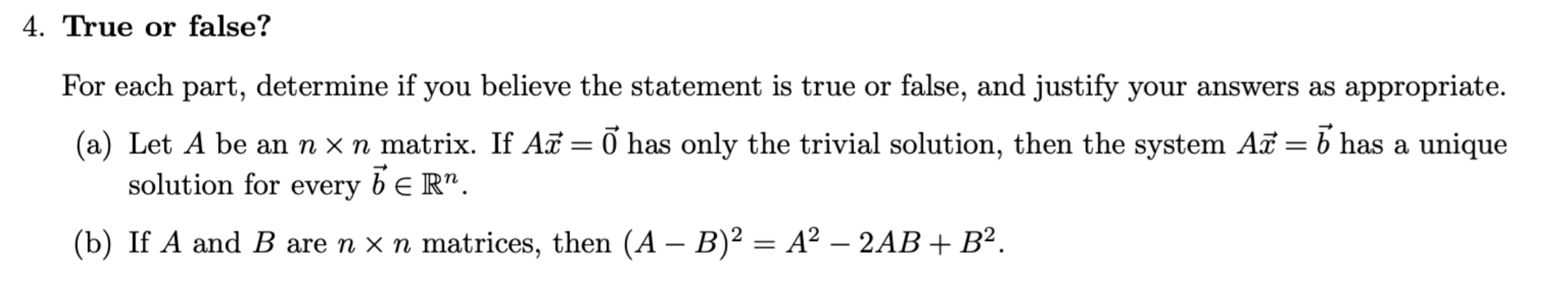 Solved 4. True or false? For each part, determine if you | Chegg.com