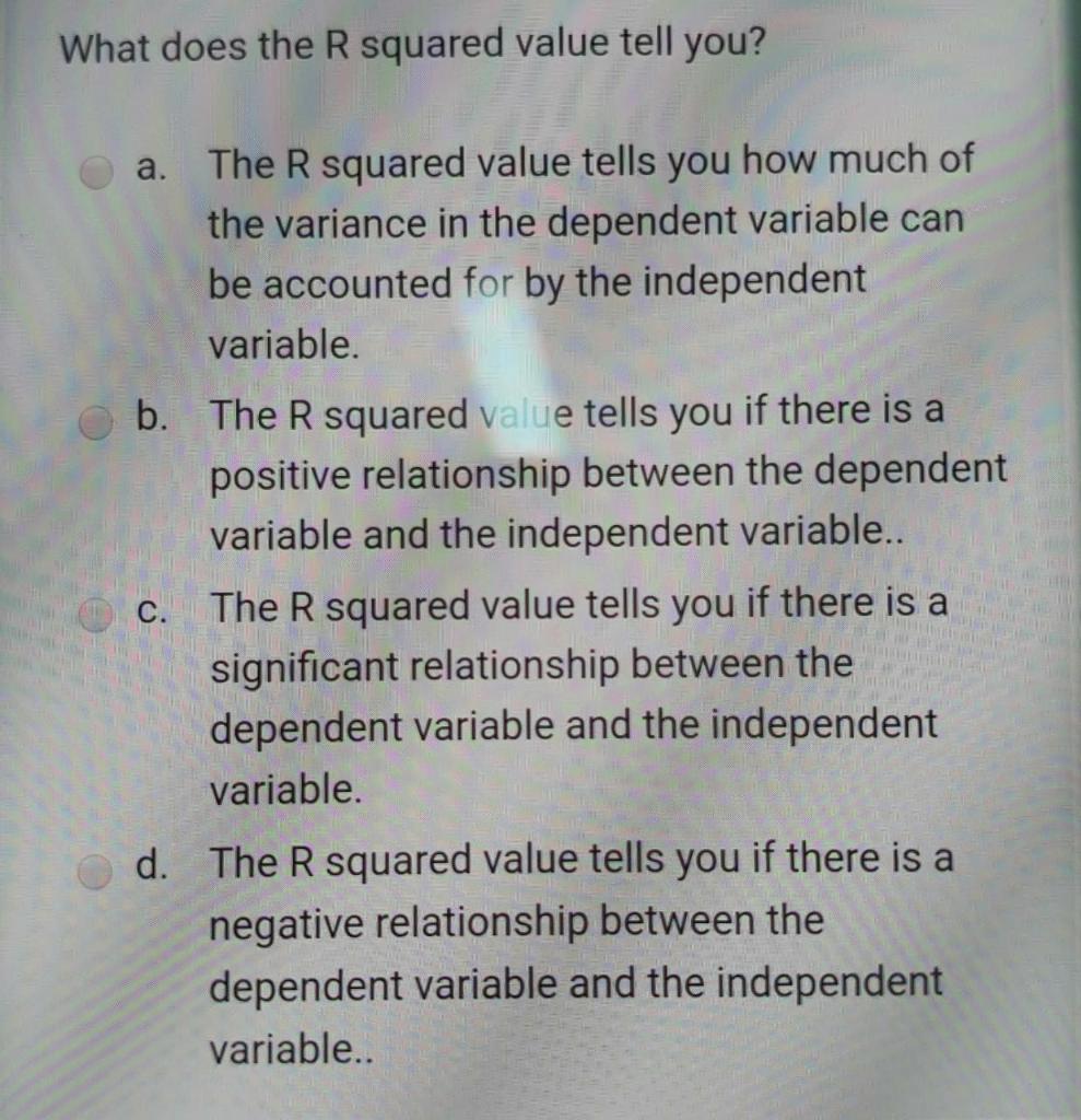 Solved What does the Rsquared value tell you? a. The R | Chegg.com
