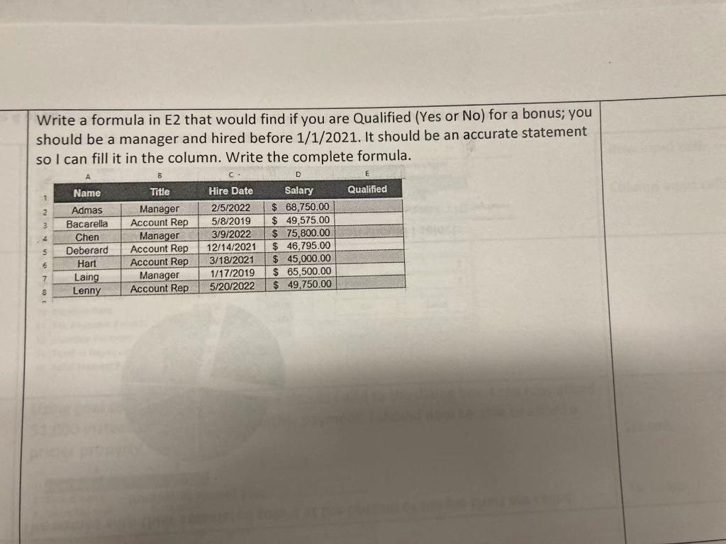 Solved Write a formula in E2 that would find if you are | Chegg.com