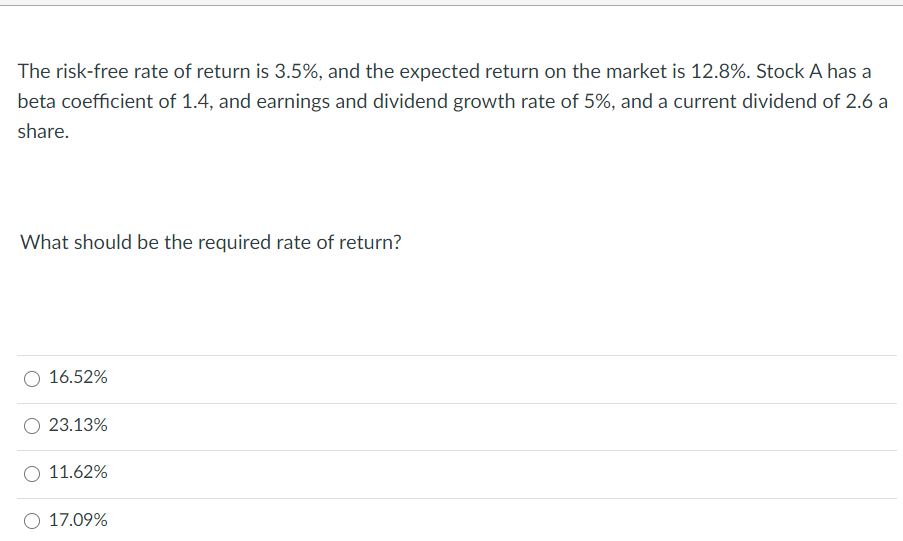 Solved The risk-free rate of return is 3.5%, and the | Chegg.com