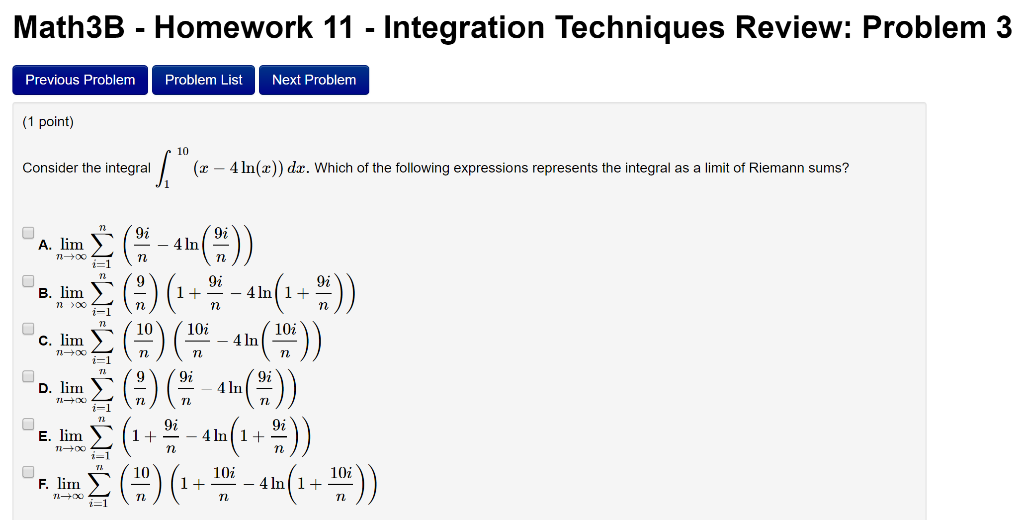 Solved Math3B - Homework 11 - Integration Techniques Review: | Chegg.com