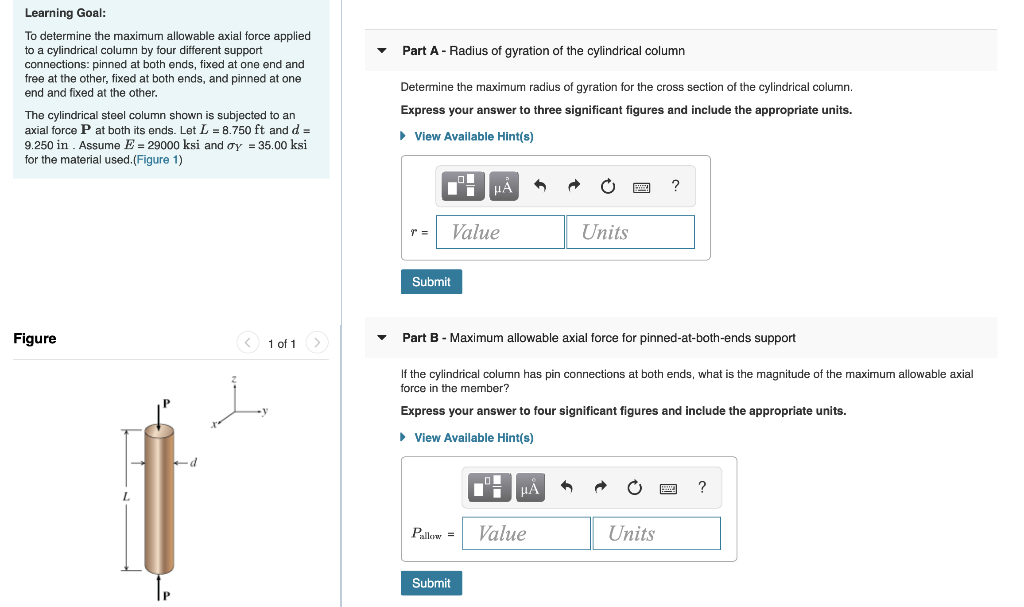 Solved Part A - Radius of gyration of the cylindrical column | Chegg.com