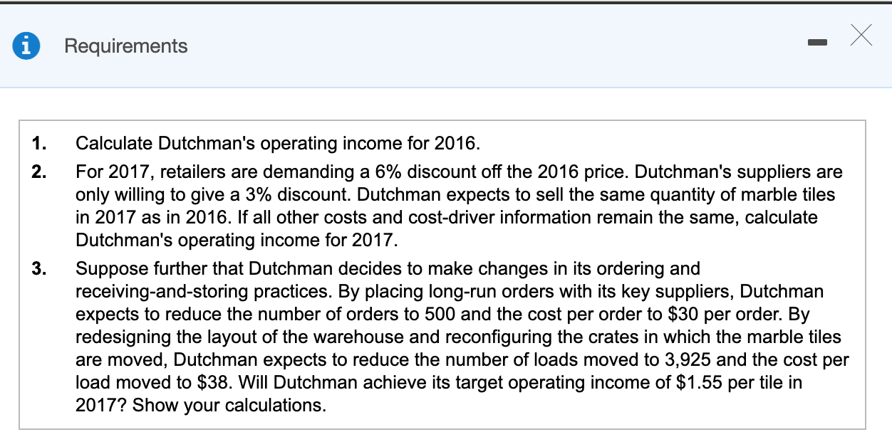 Solved E13-19 (similar to) Question Help Dutchman Tiles is a | Chegg.com