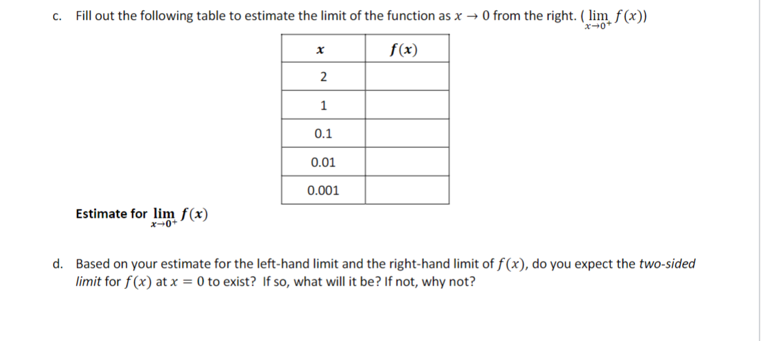 Solved c. Fill out the following table to estimate the limit | Chegg.com
