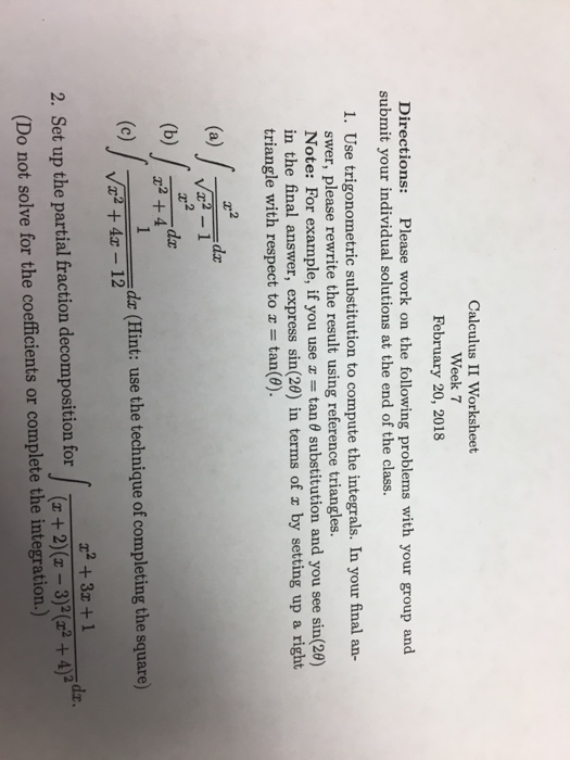 Solved Calculus II Worksheet Week 7 February 20, 2018 | Chegg.com