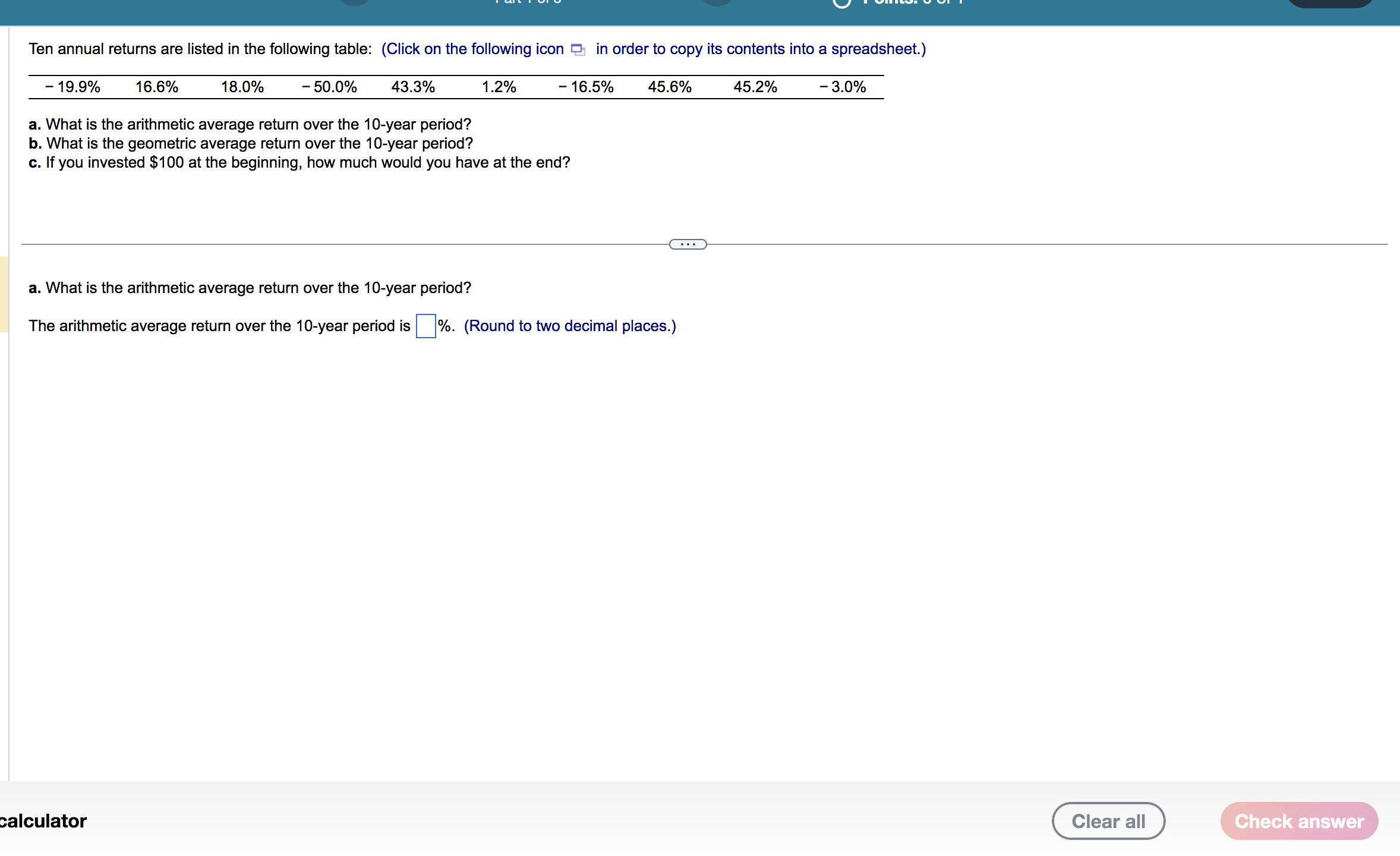 Solved a. What is the arithmetic average return over the 10 | Chegg.com