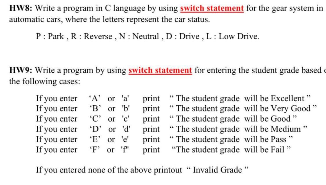 Solved HW8: Write a program in C language by using switch | Chegg.com