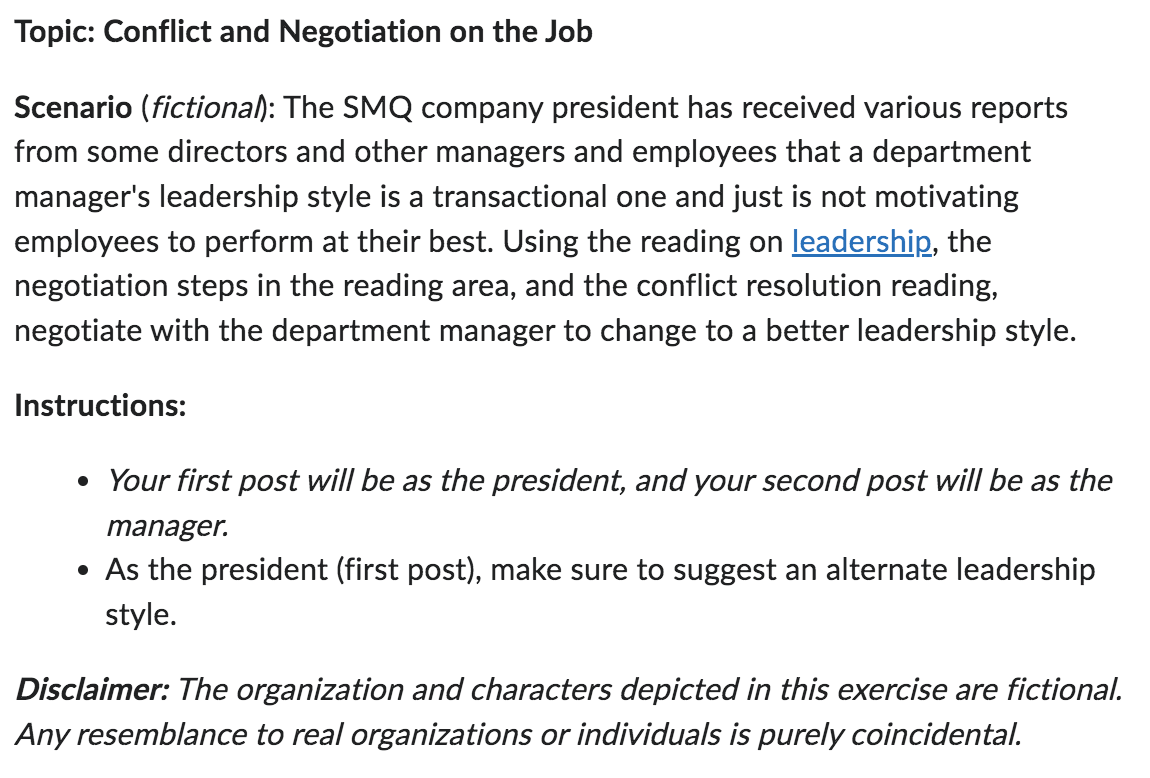 Topic: Conflict and Negotiation on the Job Scenario | Chegg.com