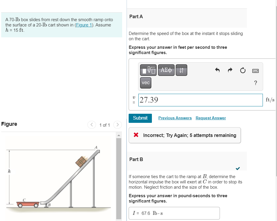 Solved A 70-lb box slides from rest down the smooth ramp | Chegg.com