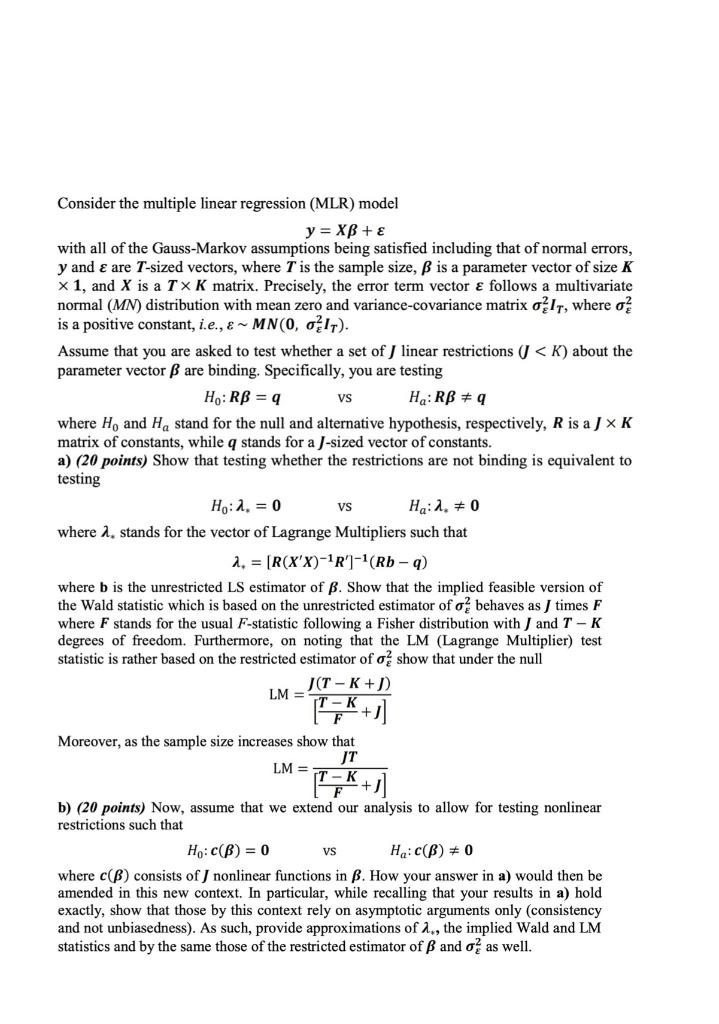 Consider the multiple linear regression (MLR) model y | Chegg.com