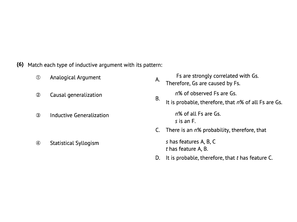 Solved (6) Match each type of inductive argument with its | Chegg.com