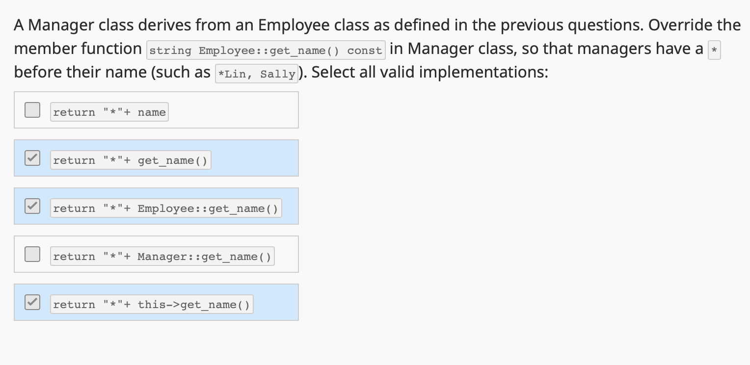 Solved class Employee \{ public: Employee (); void | Chegg.com