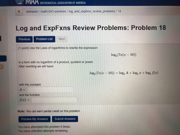 Solved MIAH MATHEMATICAL ASSOCIATION OF AMERICA webwork / | Chegg.com