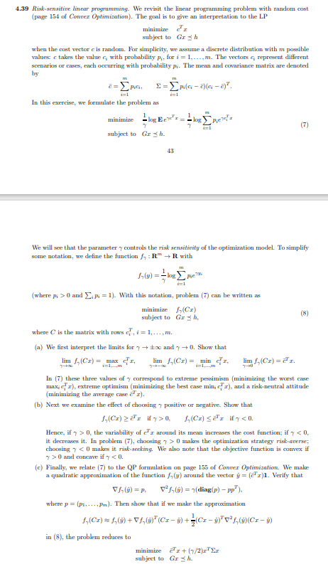 Solved 4.39 Risk-sensitive lincar programeming. We revisit | Chegg.com