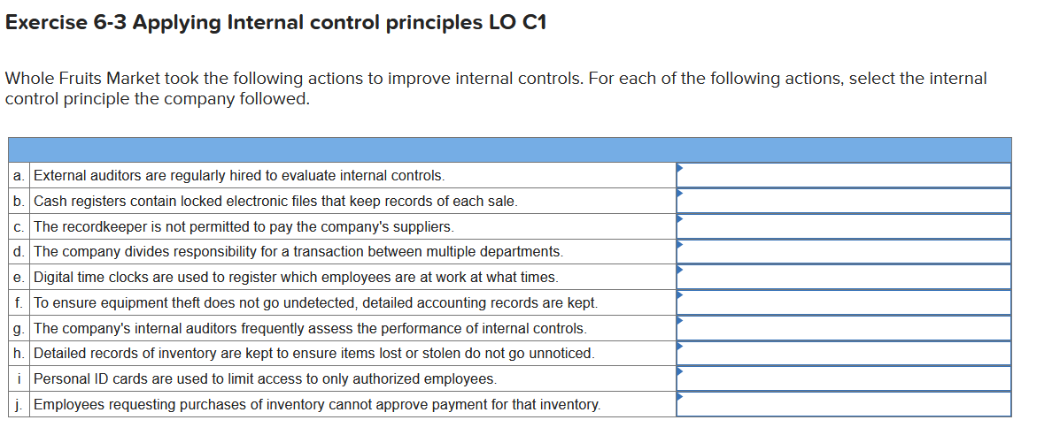 Solved Exercise 6-3 Applying Internal control principles LO | Chegg.com