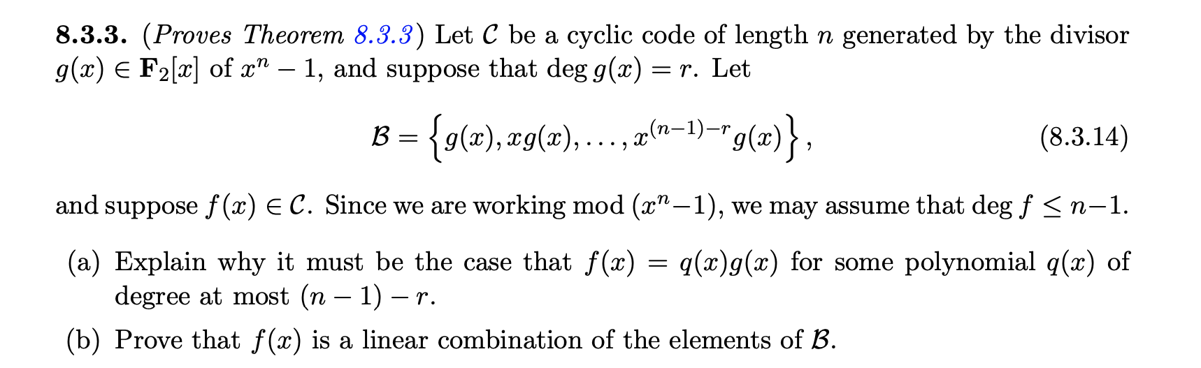 Solved Theorem 8.3.3. Let C be a cyclic code of length n | Chegg.com