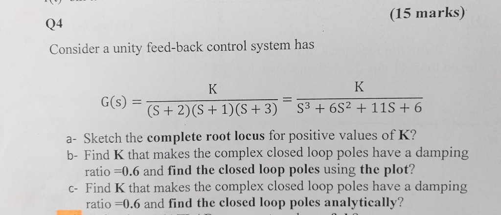 Solved 15 Marks Q4 Consider A Unity Feed Back Control 3884