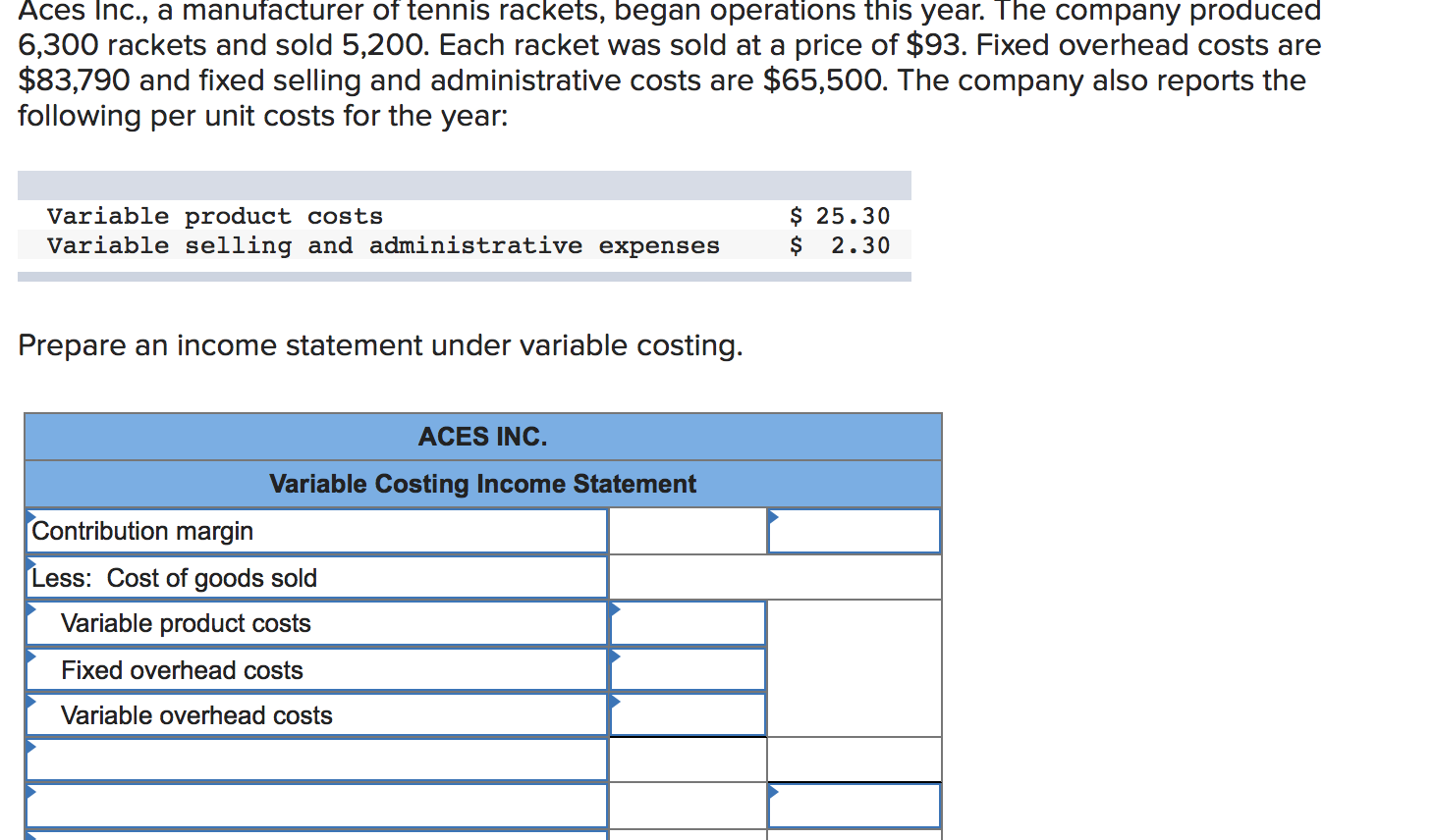 Solved Aces Inc., a manufacturer of tennis rackets, began | Chegg.com