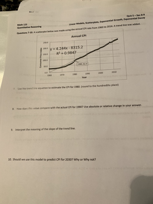 Solved Math 123 Unear Models, Scatterplots, Exponential | Chegg.com
