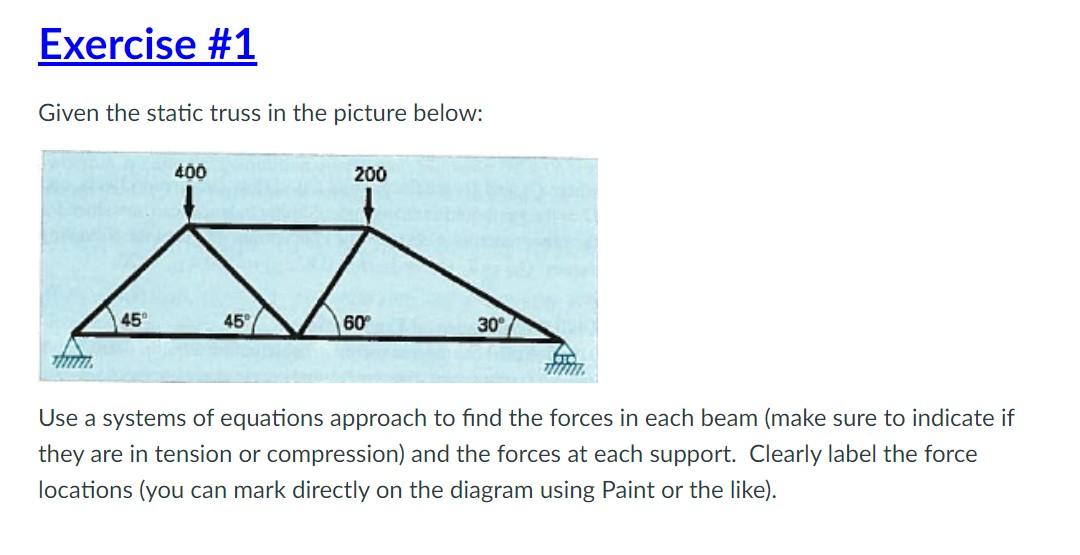 Exercise #1 Given the static truss in the picture | Chegg.com