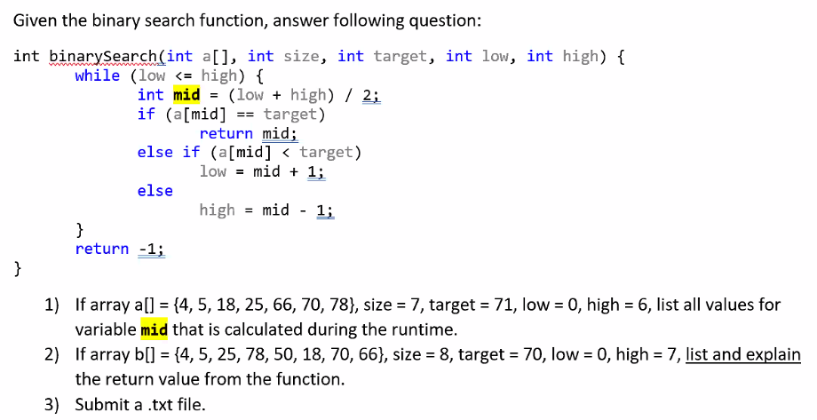 Solved Given the binary search function, answer following | Chegg.com