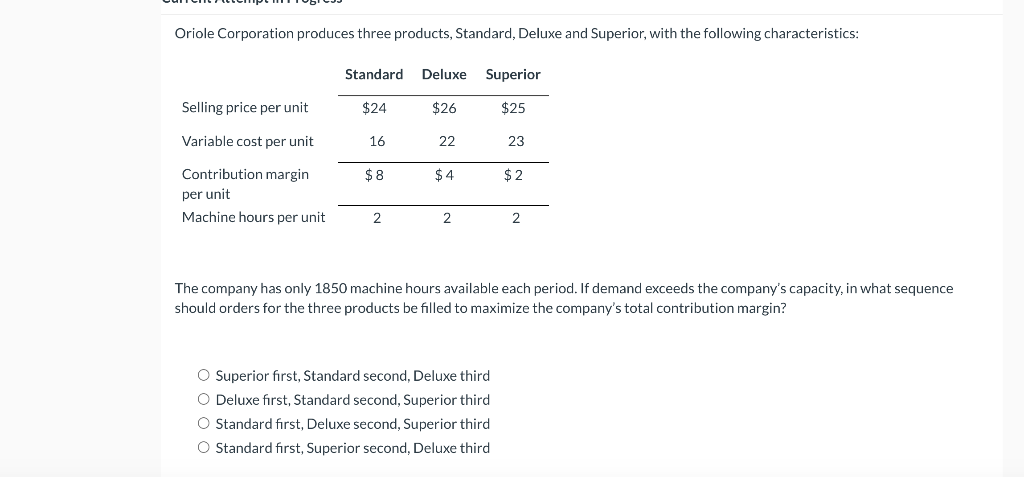 Solved Oriole Corporation produces three products, Standard, | Chegg.com