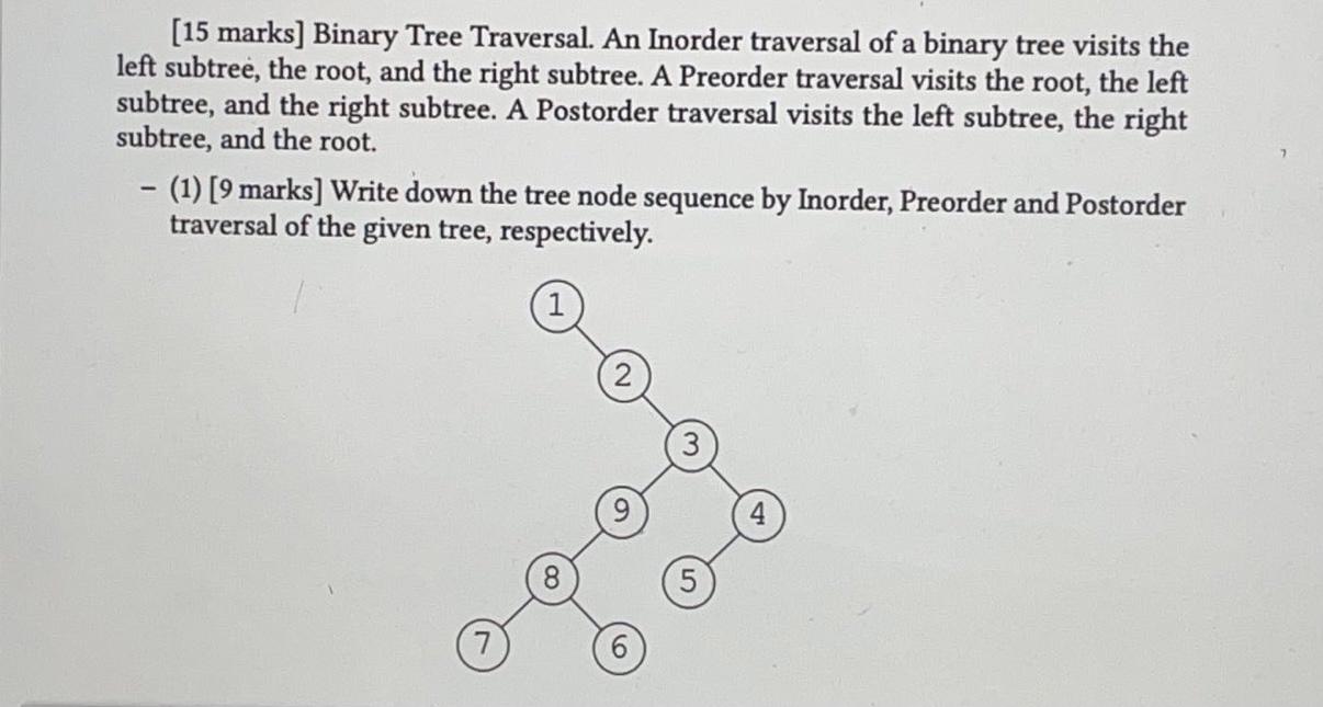 Solved [15 marks] Binary Tree Traversal. An Inorder | Chegg.com