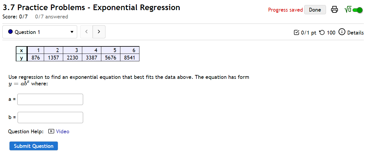 Solved 3.7 Practice Problems - Exponential Regression Score: | Chegg.com