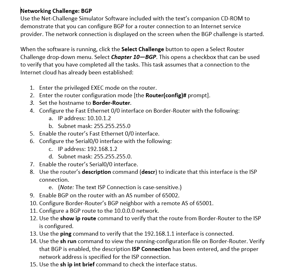 Solved Complete the Network Challenge on BGP. Provide | Chegg.com